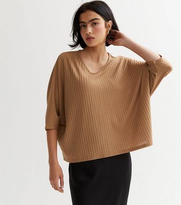 Tan Ribbed Fine Knit V Neck Batwing Top | New Look