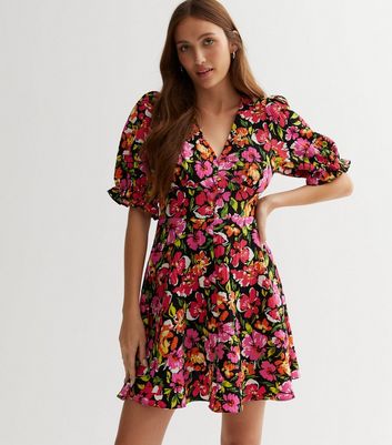 Multicoloured Floral Puff Sleeve Mini Dress | New Look