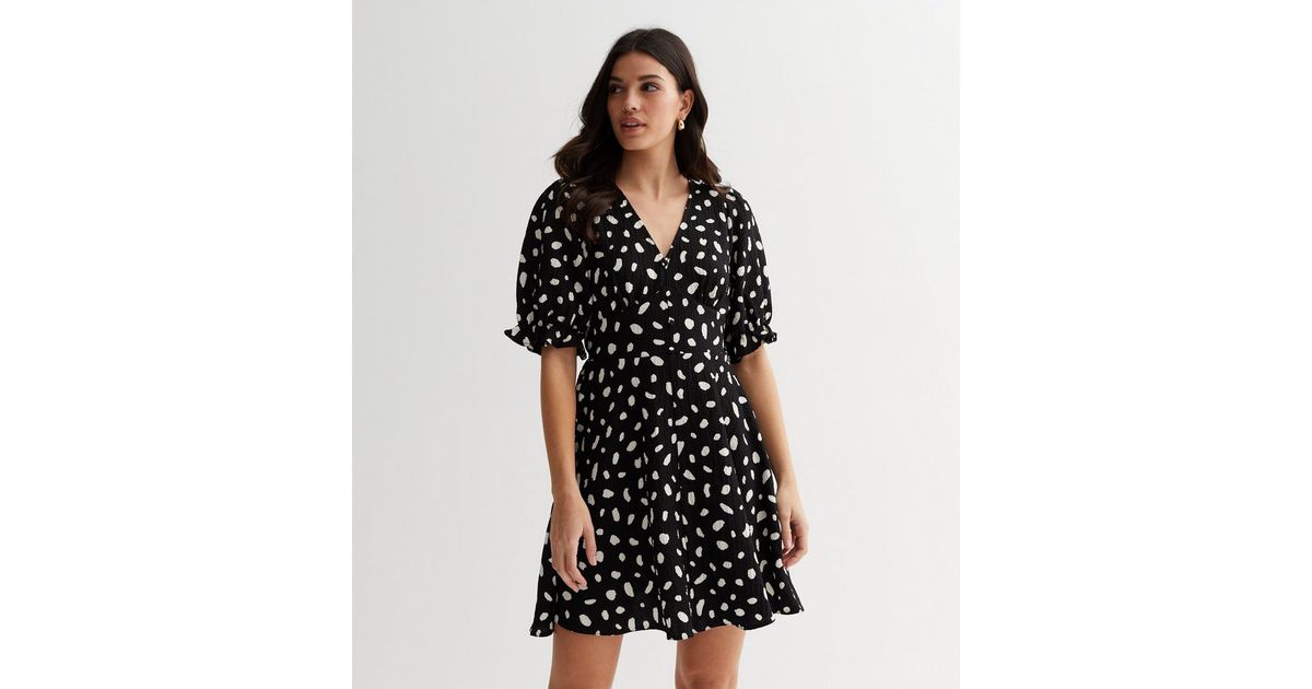 Black Abstract Spot Crinkle Puff Sleeve V Neck Mini Dress New Look