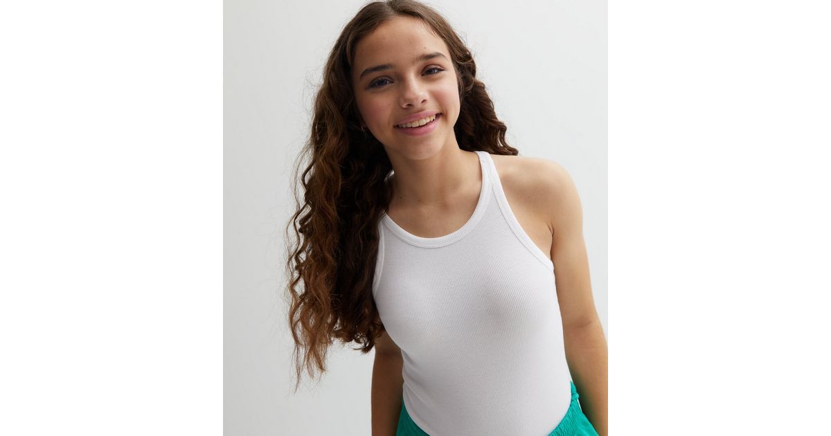 Girls White Ribbed Round Neck Racer Bodysuit | New Look