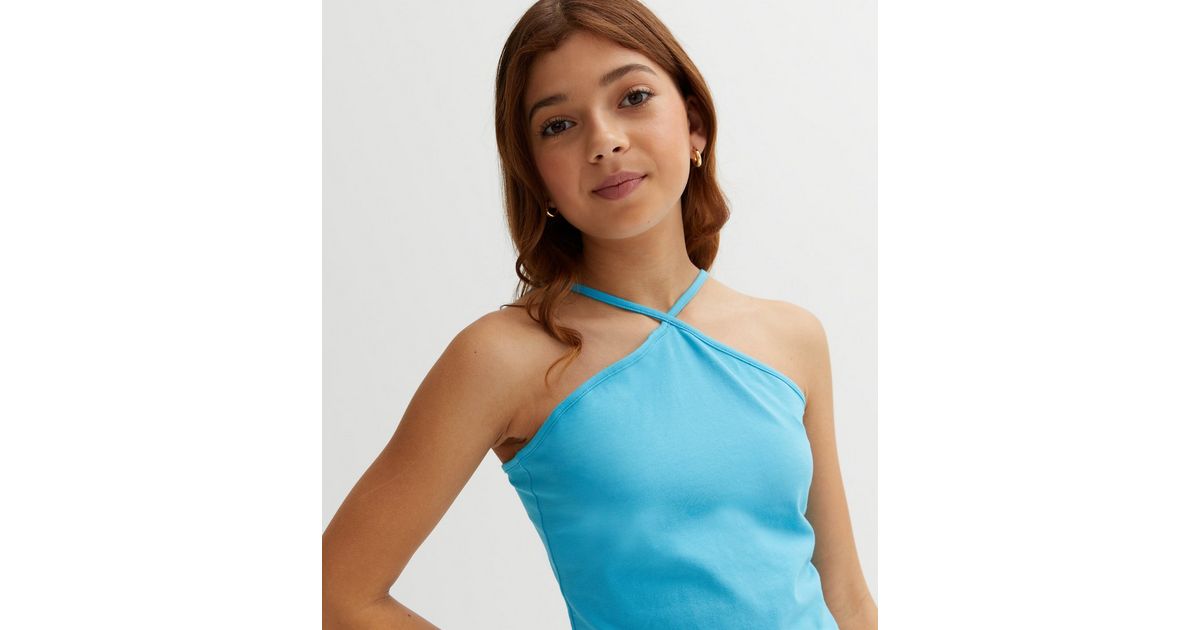 Girls Turquoise Jersey Strappy Halter Top | New Look