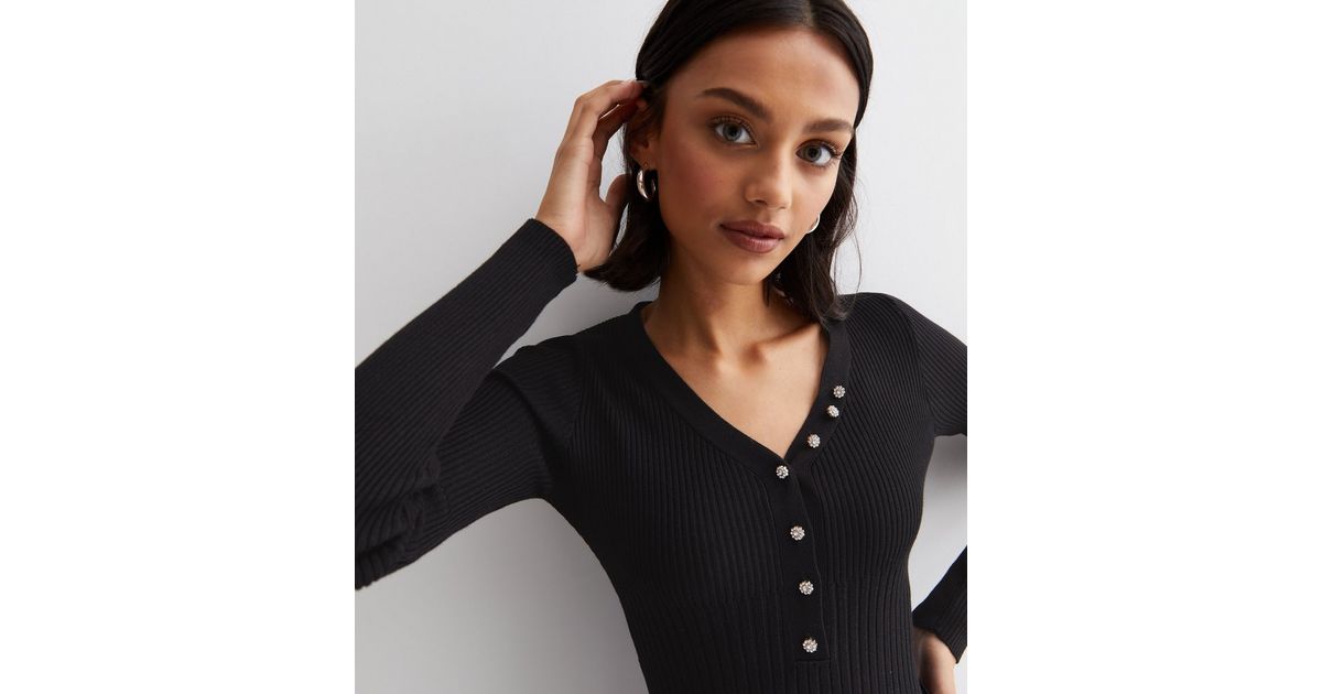 Cameo Rose Black Ribbed V Neck Long Sleeve Button Front Bodysuit | New Look