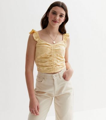 Girls Pale Yellow Broderie Frill Ruched Vest | New Look