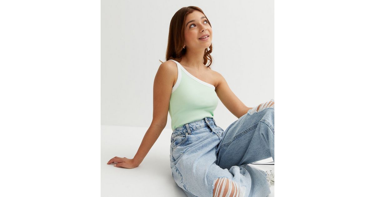 Girls Light Green Ribbed One Shoulder Ringer Top | New Look