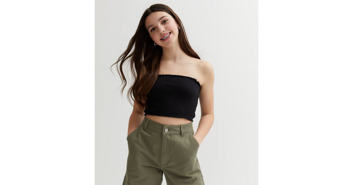 Girls Black Shirred Bandeau Top New Look