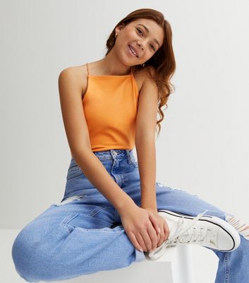 Girls Bright Orange Jersey Spaghetti Strap Square Neck Cami | New Look