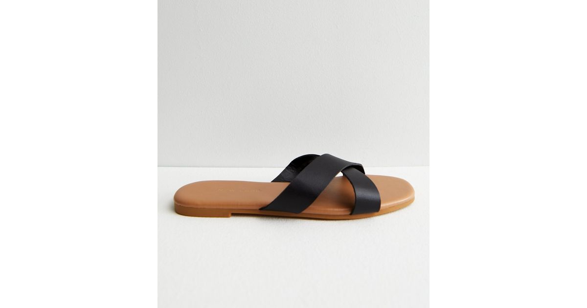 Black Leather-Look Cross Strap Sliders | New Look