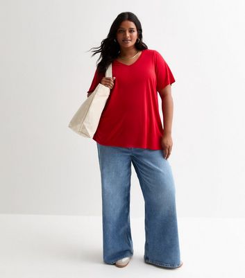 Curves Red V Neck T-Shirt | New Look