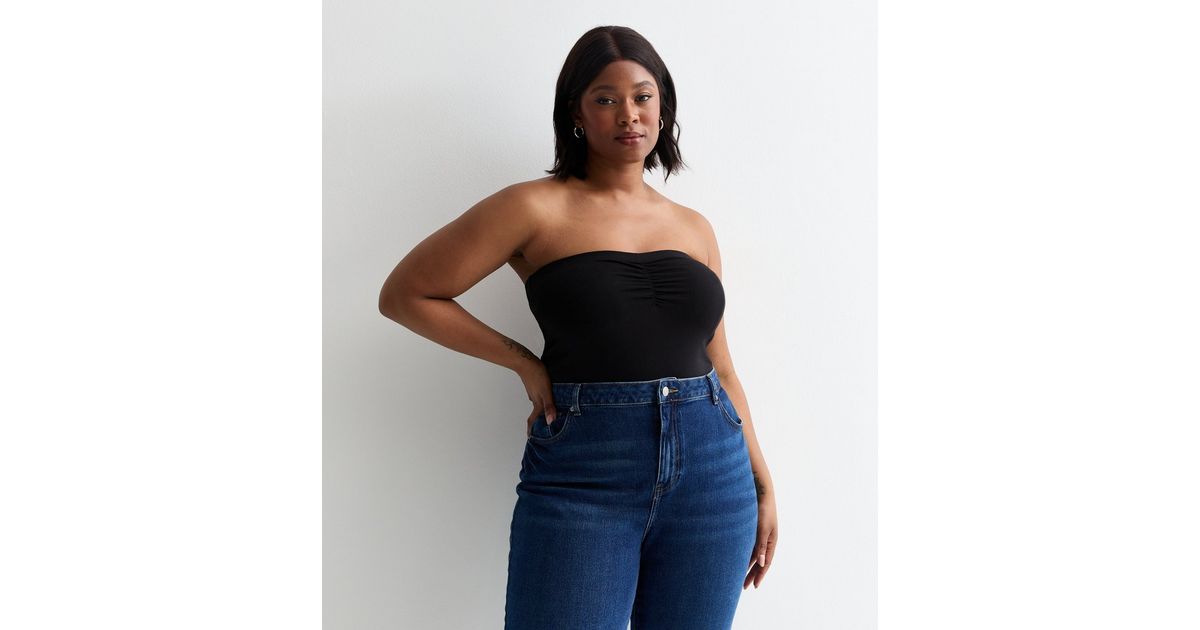 Curves Black Jersey Ruched Bandeau Top | New Look
