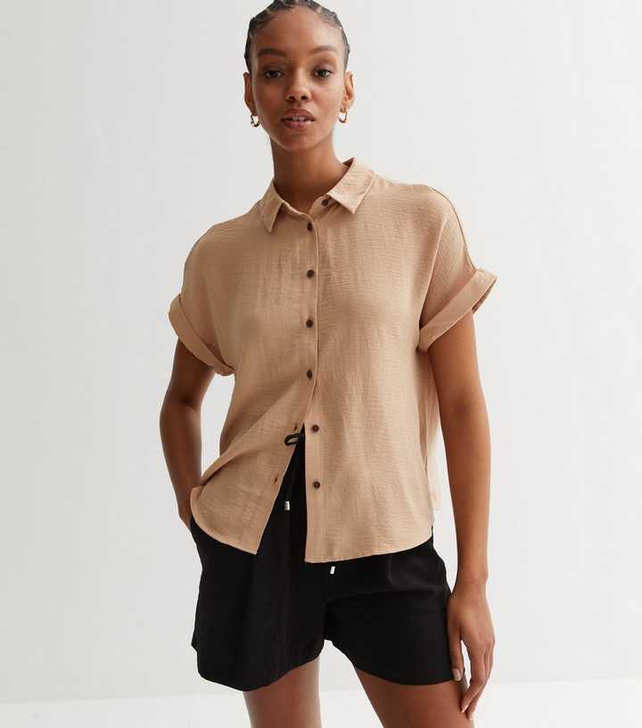 Camel Short Roll Sleeve Shirt | New Look