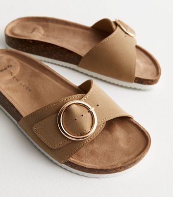 Wide Fit Light Brown Suedette Buckle Footbed Mule Sliders | New Look