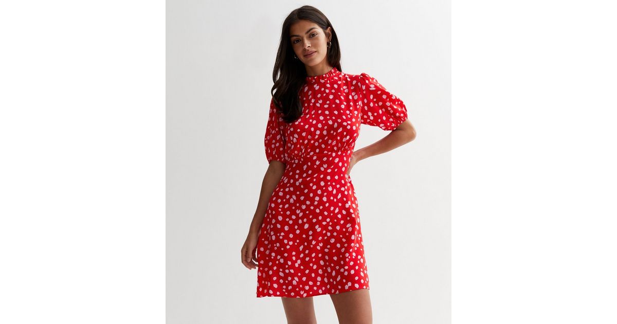 Red Abstract Print High Neck Puff Sleeve Mini Dress New Look