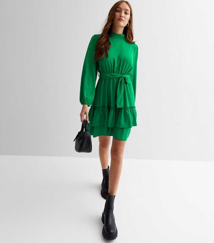Cameo Rose Green High Neck Long Puff Sleeve Tiered Hem Mini Dress | New ...