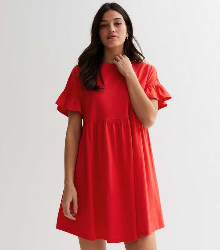 Red Jersey Frill Sleeve Mini Smock Dress | New Look