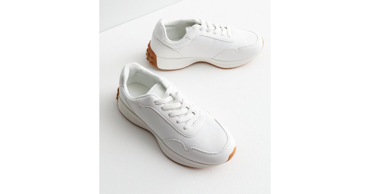 White Leather-Look Trim Lace Up Trainers | New Look