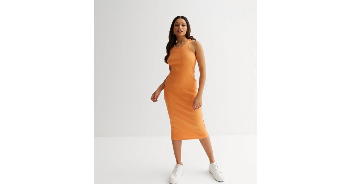 Petite Orange Ribbed Racer Midi Dress | New Look