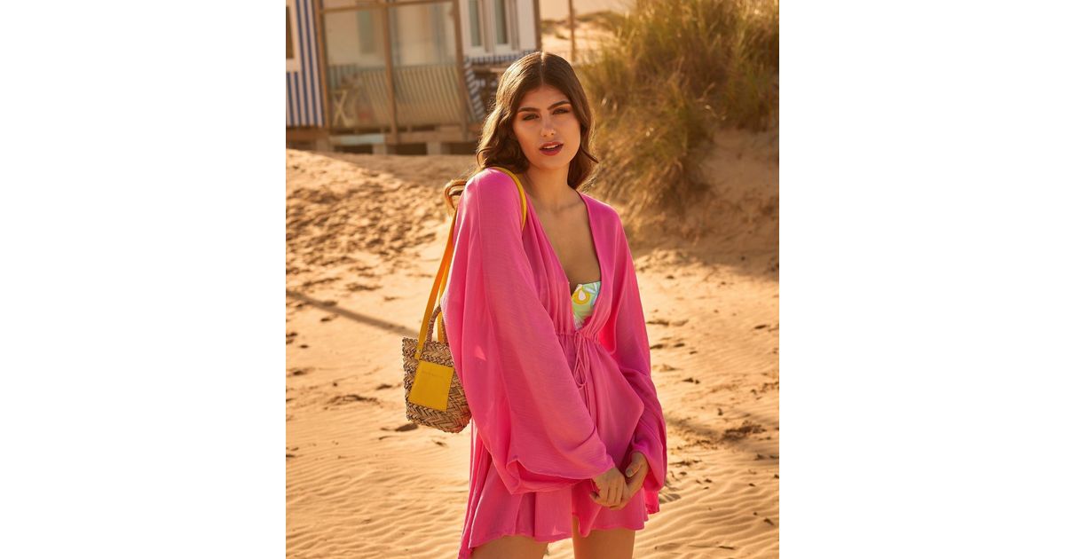 South Beach Mid Pink Crinkle Plunge Beach Dress | New Look
