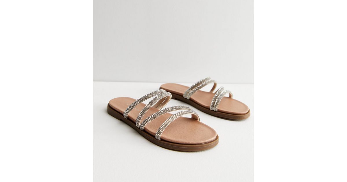Silver Diamanté Strappy Footbed Sliders | New Look