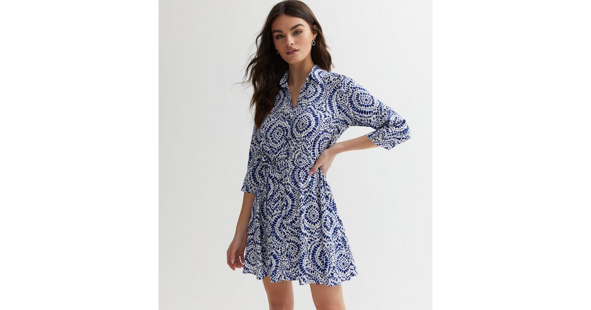 Blue Tile Print Belted Mini Shirt Dress | New Look