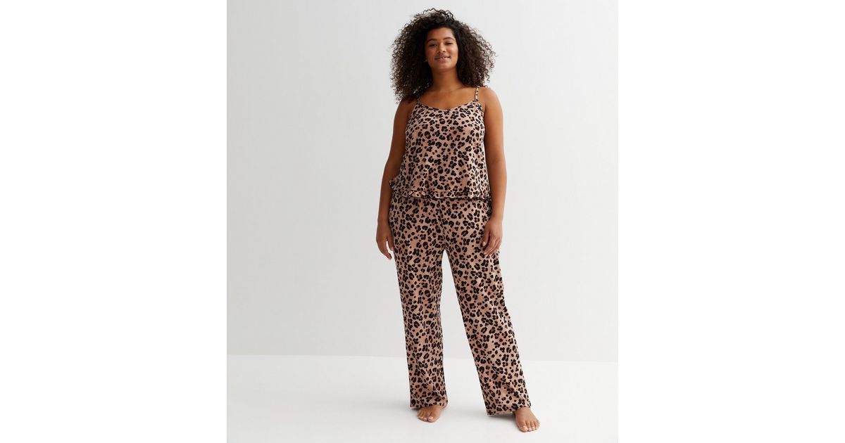 Curves Brown Soft Touch Cami Pyjama Set With Leopard Print New Look