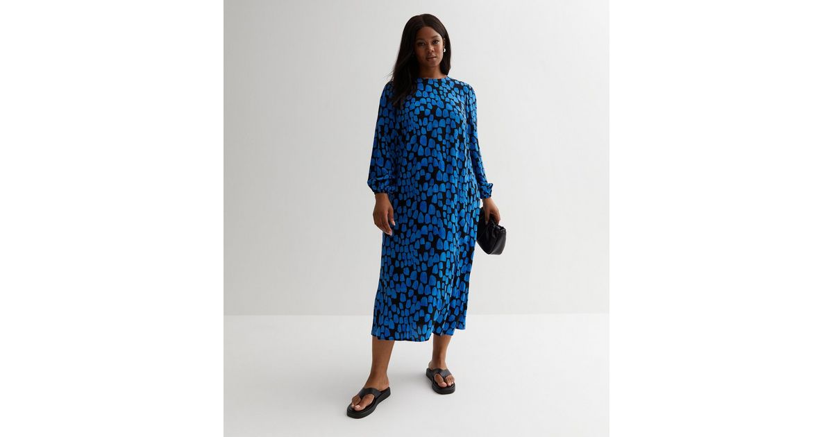 Curves Blue Animal Print Long Puff Sleeve Midi Dress | New Look
