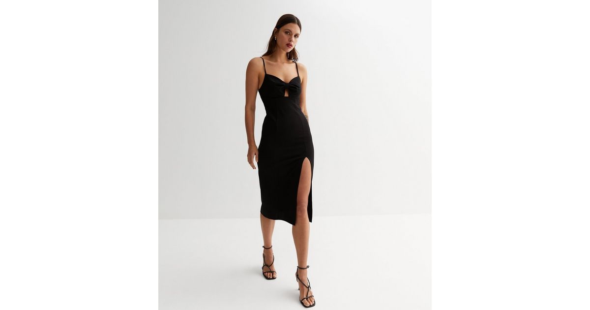Black Bow Front Split Midi Bodycon Dress | New Look