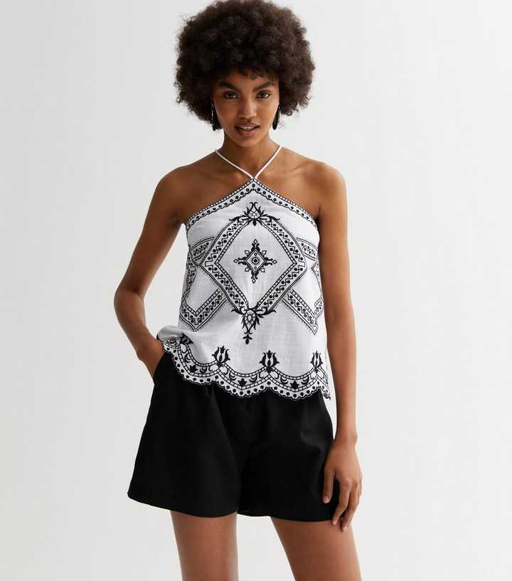 White Embroidered Halter Cami | New Look