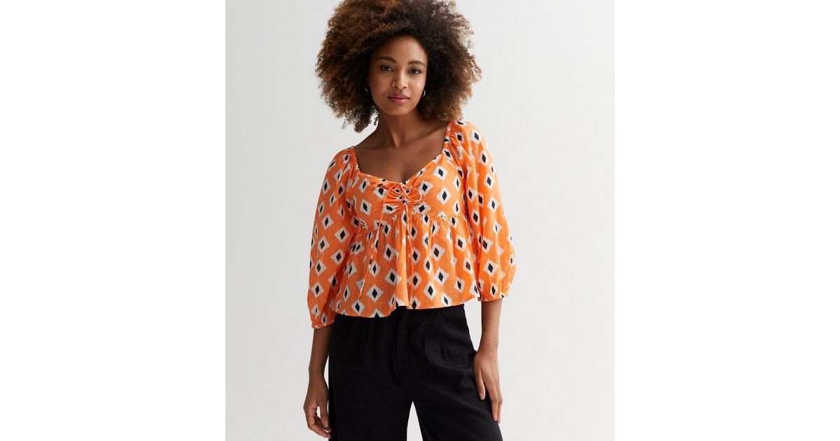 Orange Abstract Sweetheart Peplum Blouse | New Look