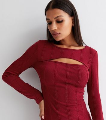 Cutie London Dark Red Knit Long Sleeve Split Hem Cut Out Midi Dress ...