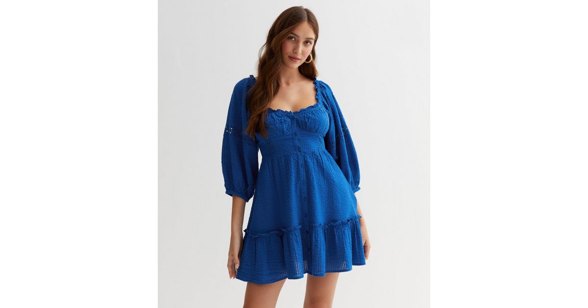 Bright Blue Textured Milkmaid Mini Dress | New Look