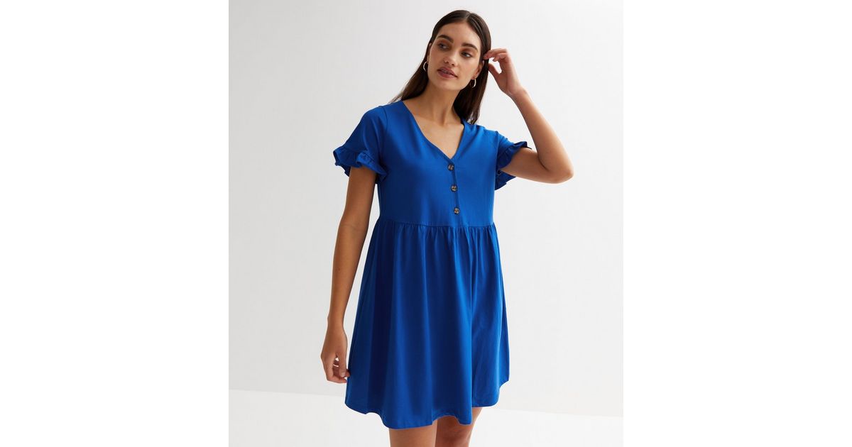 Bright Blue Cotton Frill Button Front Mini Smock Dress | New Look