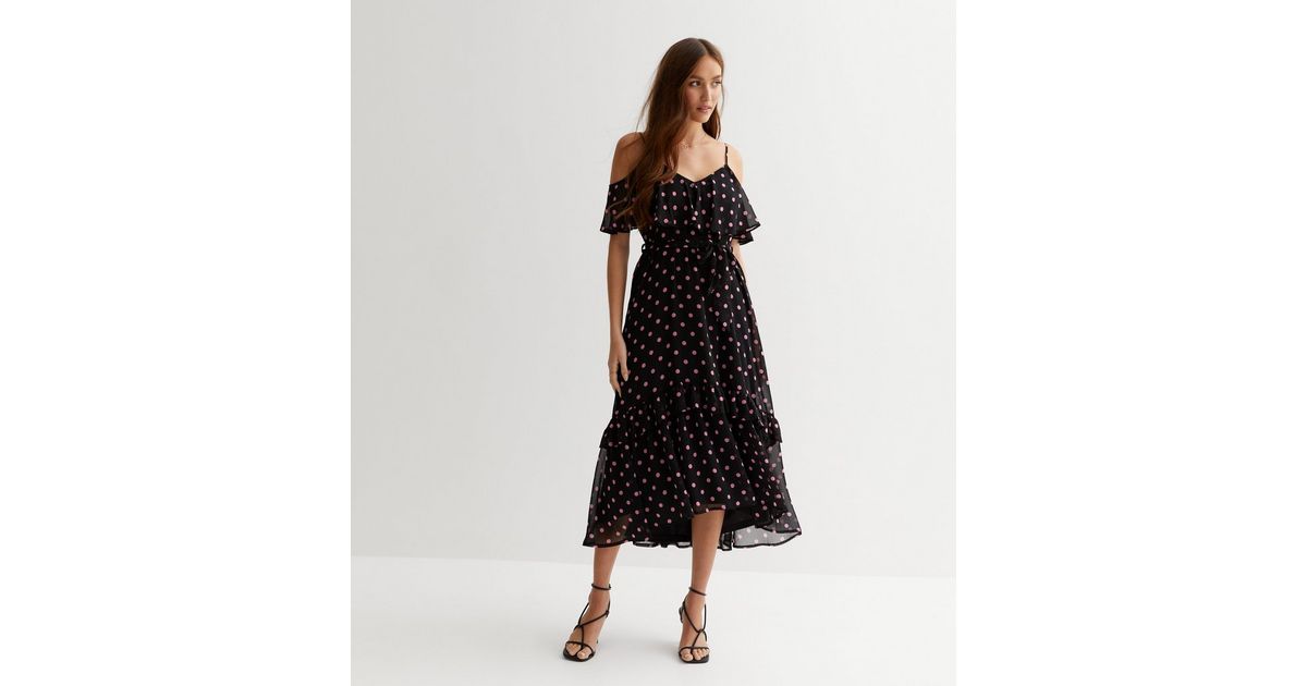 Black Spot Cold Shoulder Ruffle Midi Dress | New Look