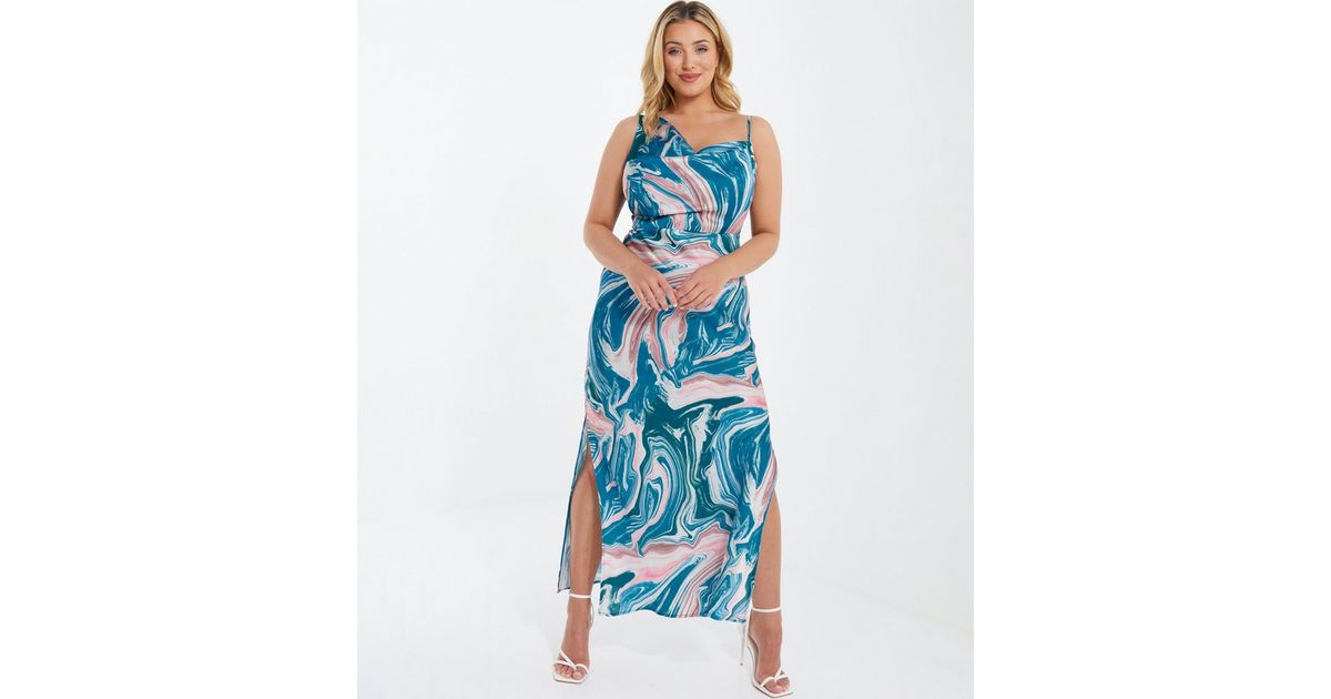 QUIZ Curves Blue Marble Split Maxi Dress | New Look