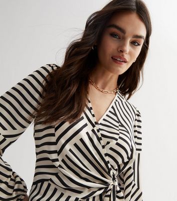 Black Geometric Line Satin Long Wrap Top | New Look
