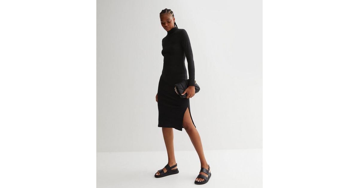 Tall Black Jersey High Neck Long Sleeve Midi Dress | New Look