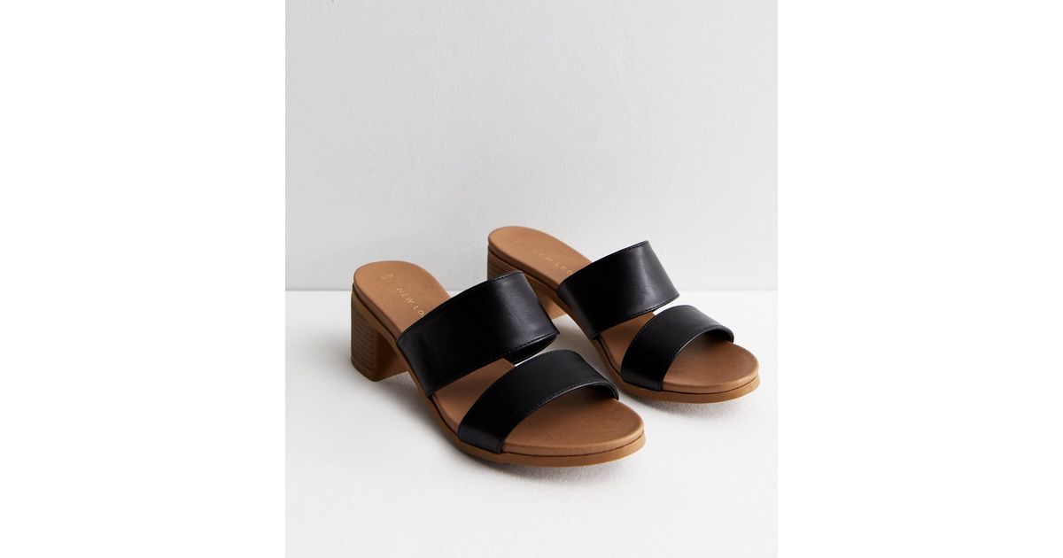Black Leather Look Double Strap Mid Block Heel Sandals New Look