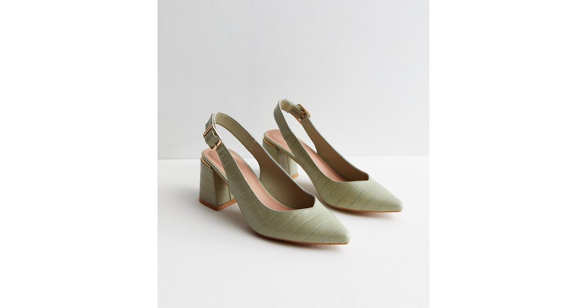 Light Green Faux Croc Slingback Block Heel Court Shoes | New Look
