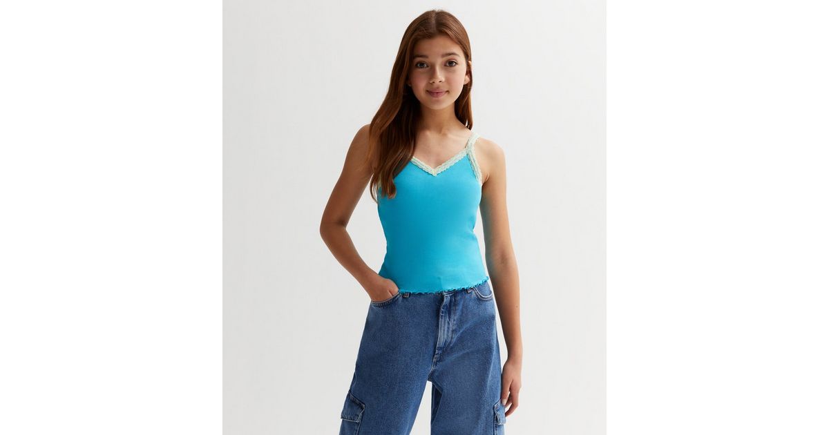 Girls Turquoise Ribbed Jersey Lace Trim Cami | New Look