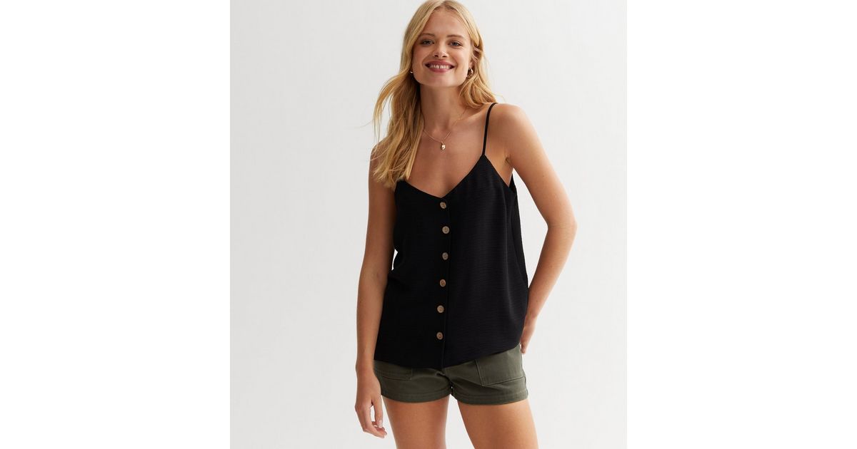 Black Button Front Cami Top | New Look