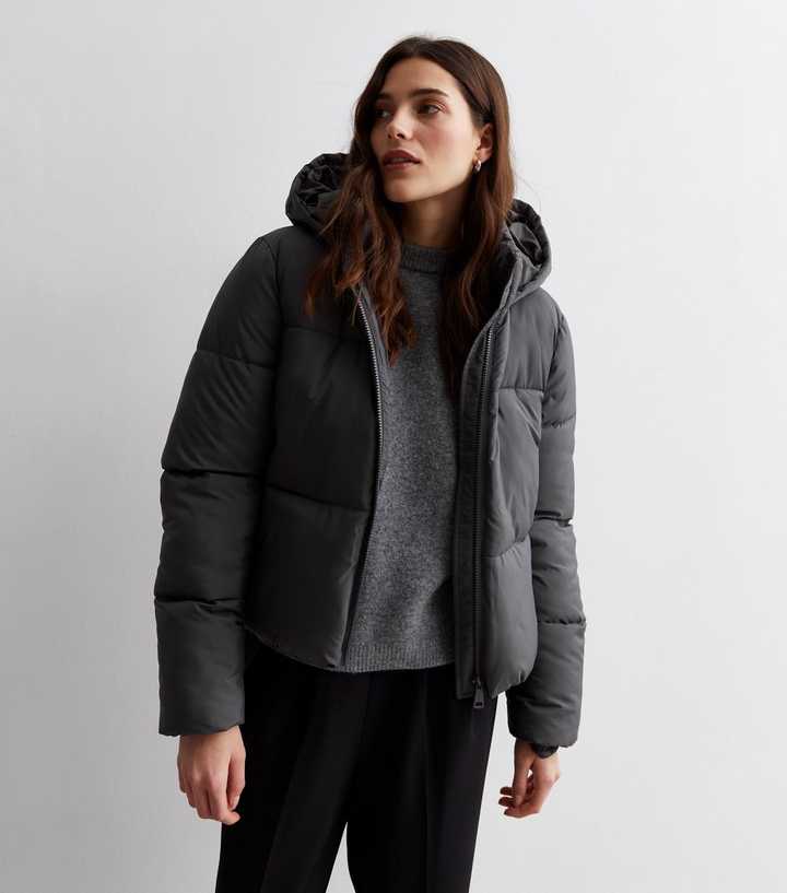 Dark Grey Hooded Puffer Jacket | New Look