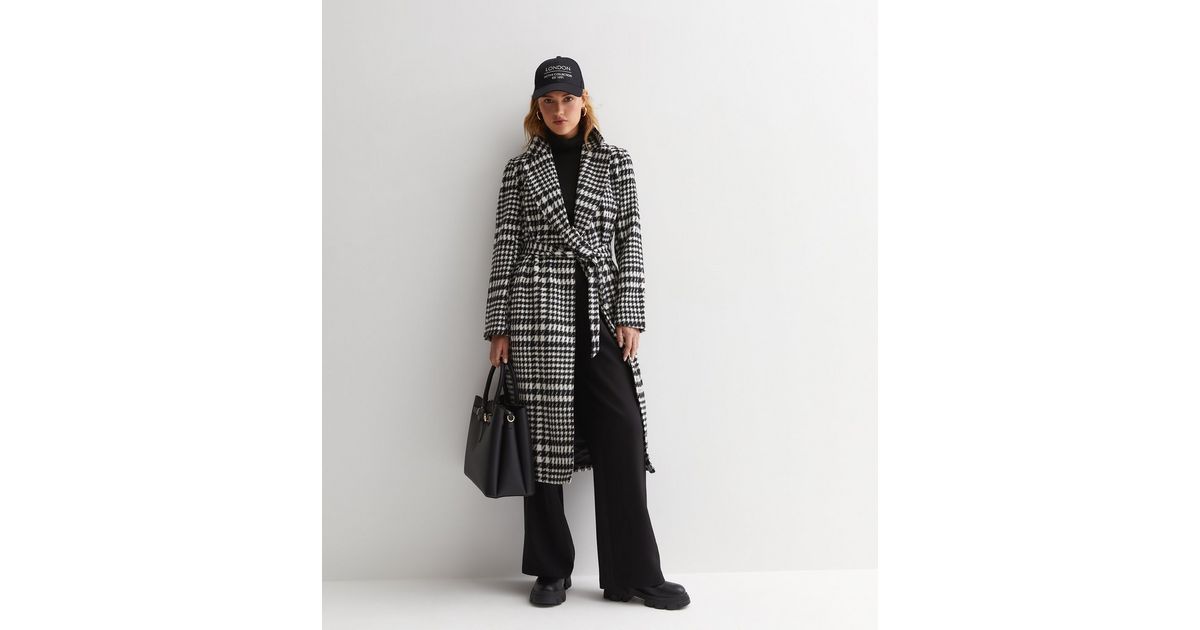 Black Check Longline Belted Coat | New Look
