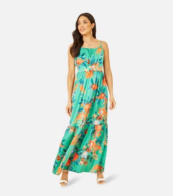 Yumi Green Floral Satin Tiered Strappy Maxi Dress | New Look