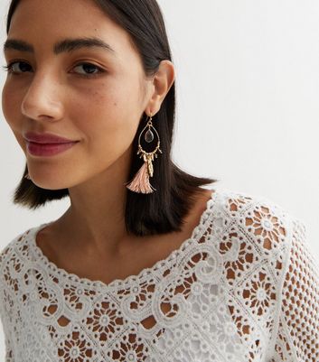 Gold Tassel Charm Gem Drop Earrings | New Look