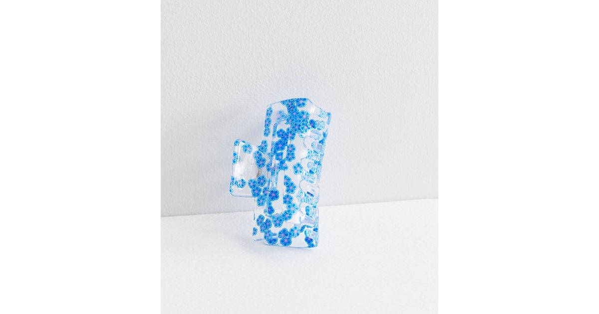 Bright Blue Floral Transparent Rectangle Claw Clip | New Look