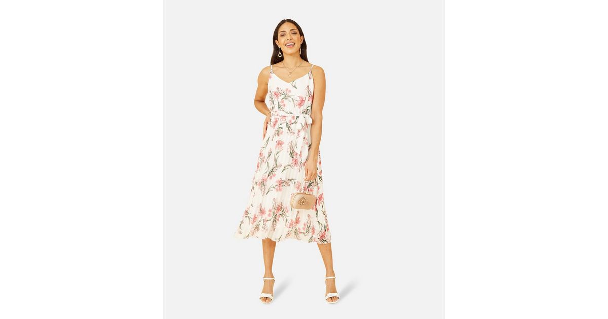 Mela Off White Floral Tie Waist Pleated Midi Dress | New Look
