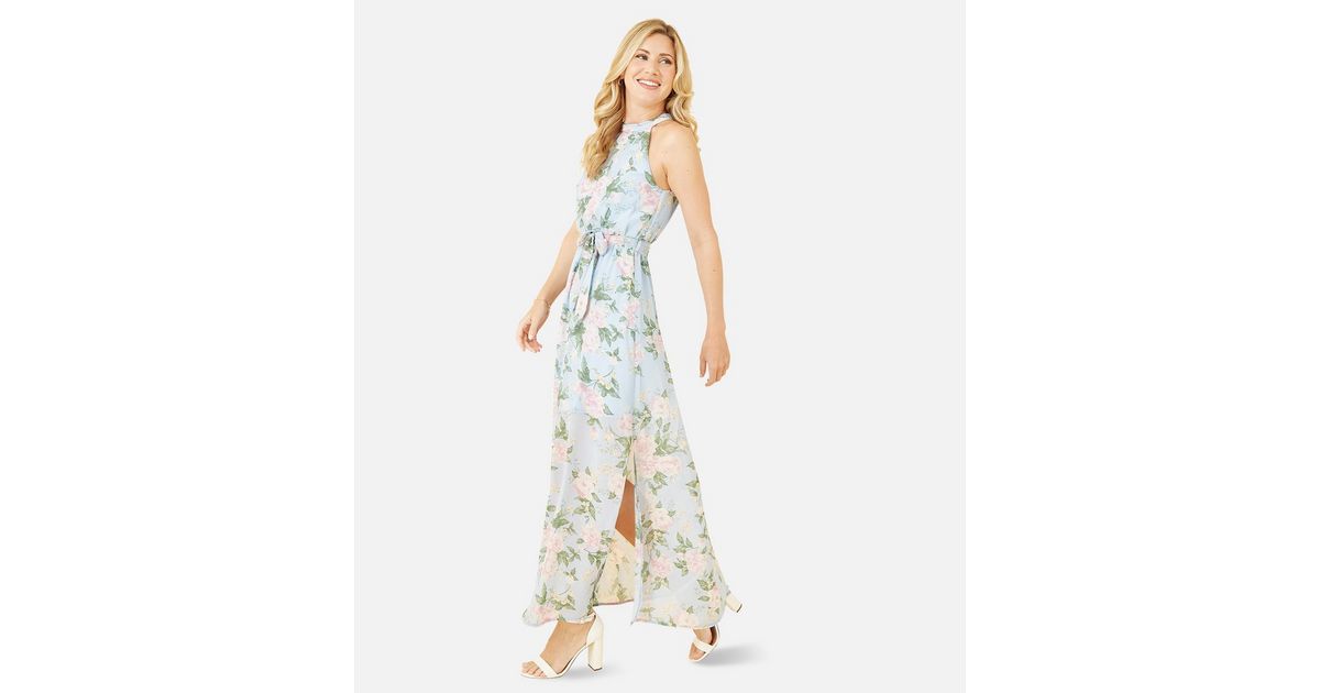 Mela Blue Floral Belted Halter Maxi Dress New Look