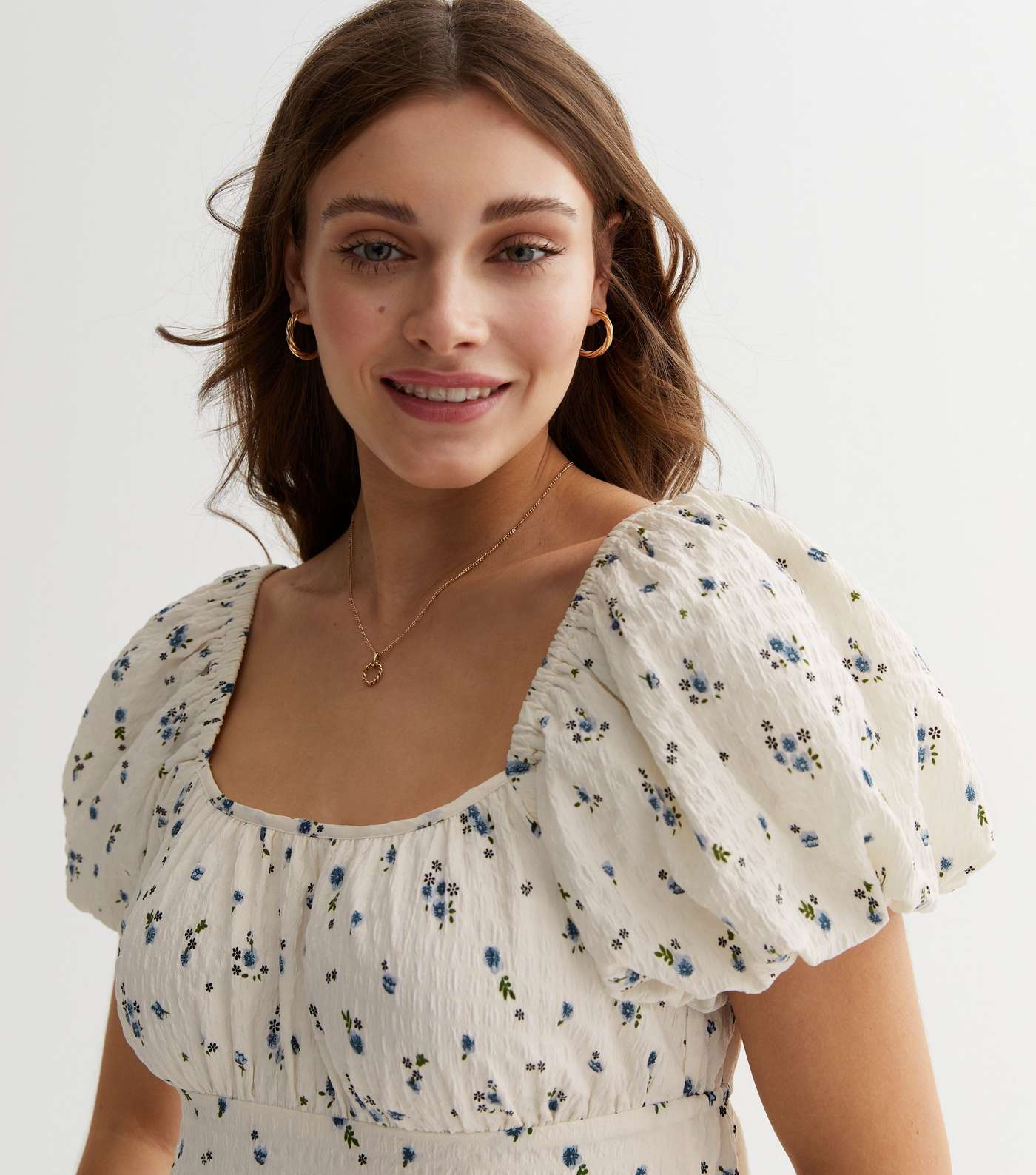 White Ditsy Floral Puff Sleeve Mini Dress New Look