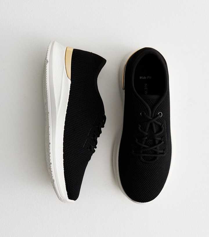 Wide Fit Black Mesh Metal Trim Trainers | New Look
