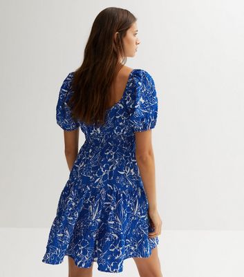 Blue Floral Textured Twist Front Mini Dress | New Look