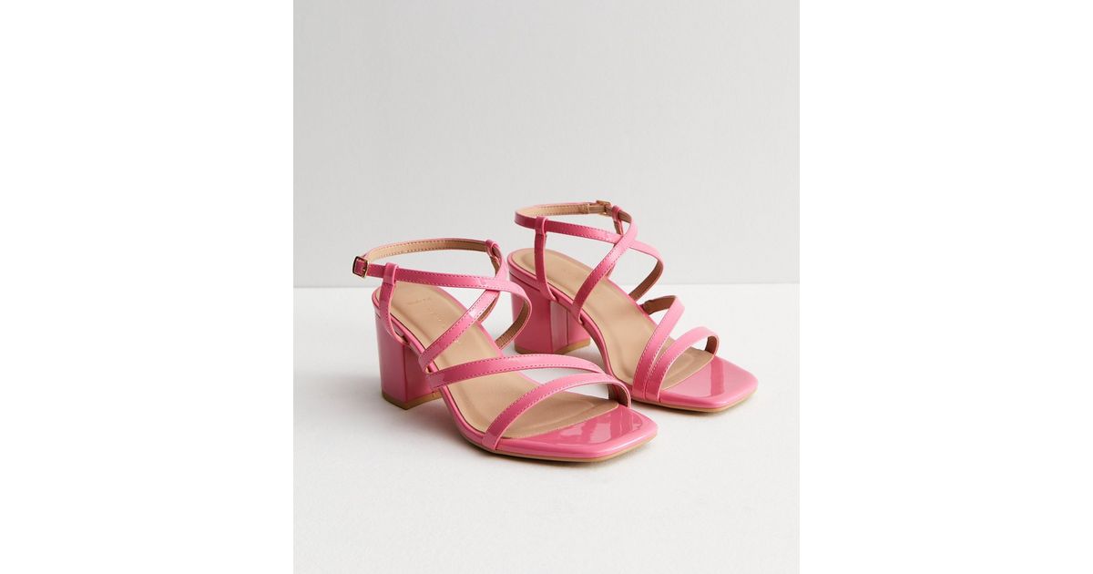 Wide Fit Pink Patent Strappy Mid Block Heel Sandals New Look